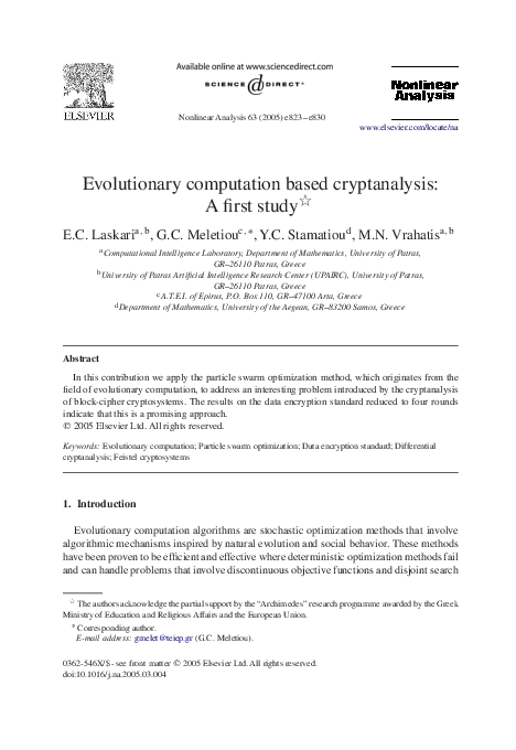 (PDF) Evolutionary computation based cryptanalysis: A first study