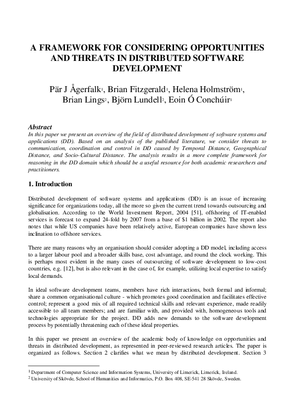 (PDF) A FRAMEWORK FOR CONSIDERING OPPORTUNITIES AND THREATS IN DISTRIBUTED SOFTWARE DEVELOPMENT