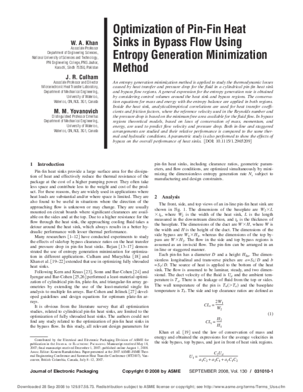 (PDF) Optimization of Pin-Fin Heat Sinks in Bypass Flow Using Entropy Generation Minimization Method