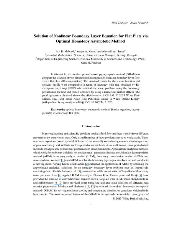Pdf Solution Of Nonlinear Boundary Layer Equation For Flat Plate Via
