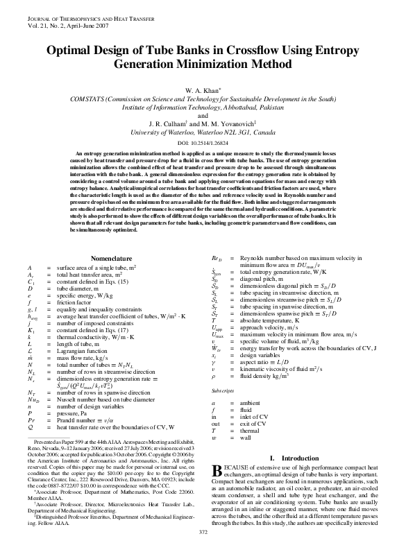 (PDF) Optimal Design of Tube Banks in Crossflow Using Entropy Generation Minimization Method