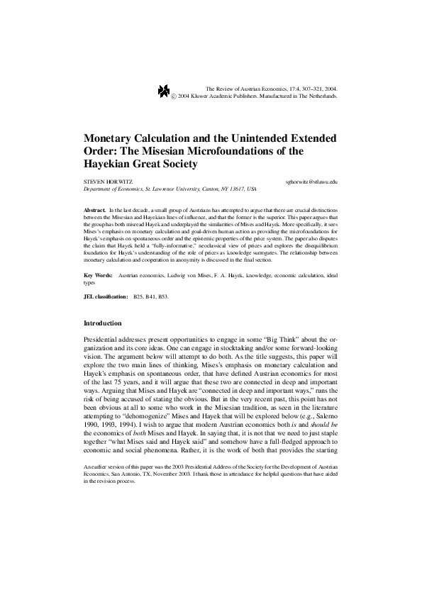 (PDF) Monetary Calculation and the Unintended Extended Order: The ...