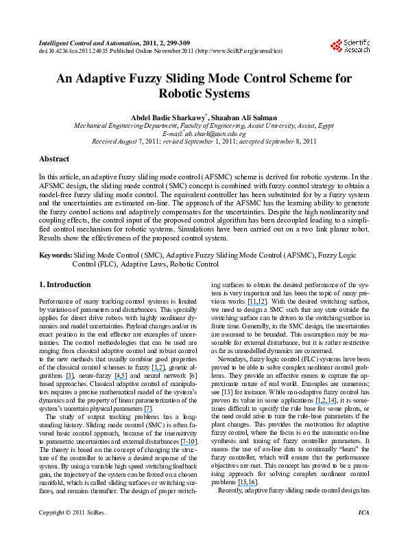Pdf An Adaptive Fuzzy Sliding Mode Control Scheme For Robotic Systems