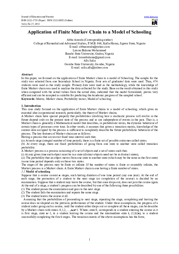 (PDF) Application of Finite Markov Chain to a Model of Schooling
