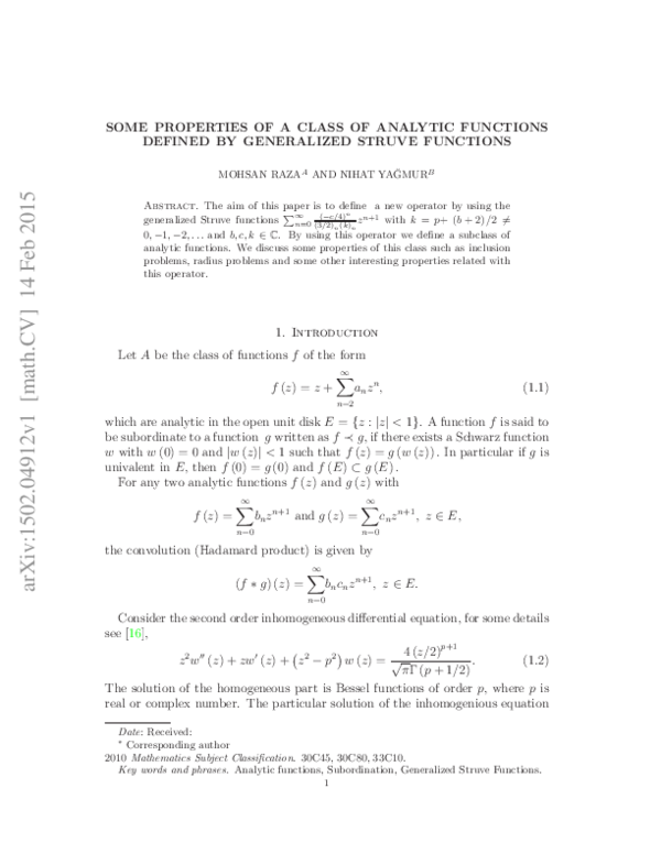(PDF) Some Properties of a Class of Analytic Functions defined by Generalized Struve Functions ...