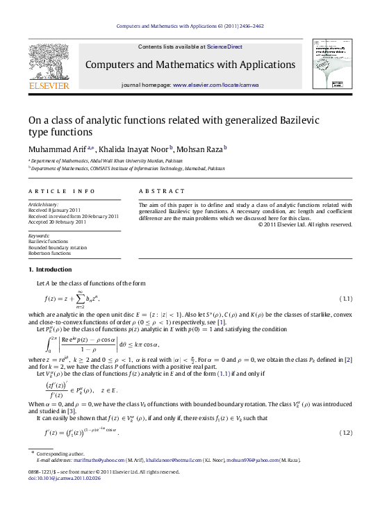 Pdf On A Class Of Analytic Functions Related With Generalized Bazilevic Type Functions