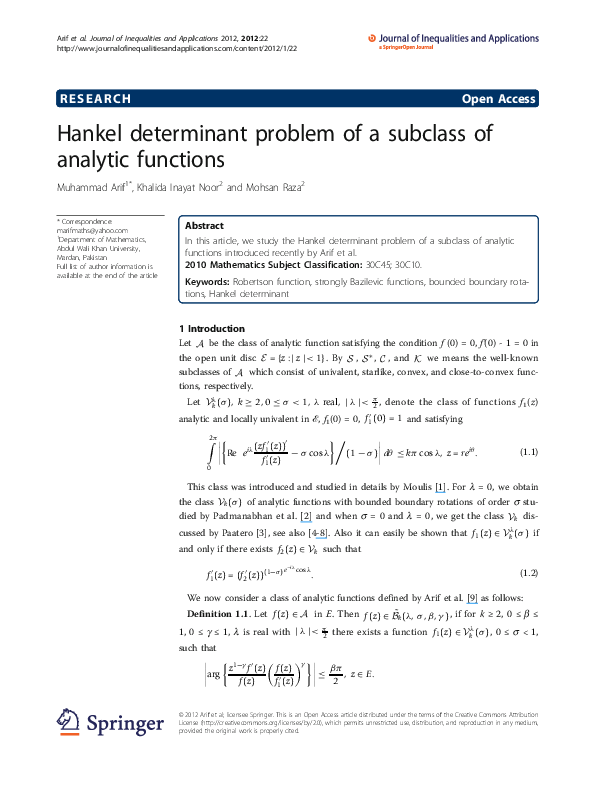 Pdf Hankel Determinant Problem Of A Subclass Of Analytic Functions