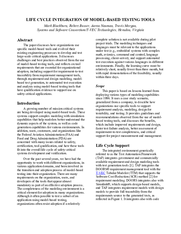 Pdf Life Cycle Integration Use Of Model Based Testing Tools Mark Blackburn