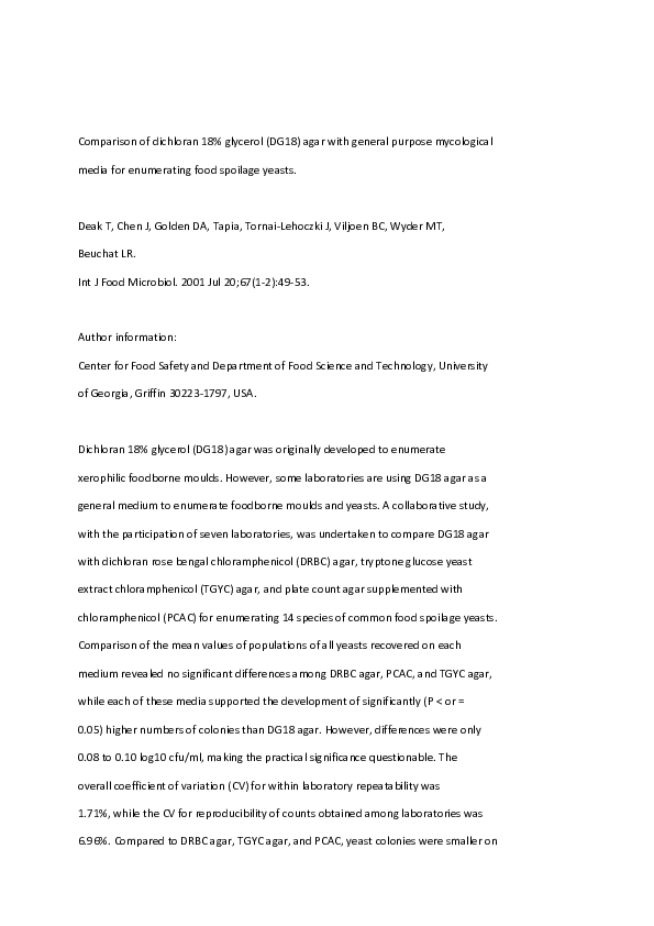 (PDF) Comparison of dichloran 18% glycerol (DG18) agar with general ...
