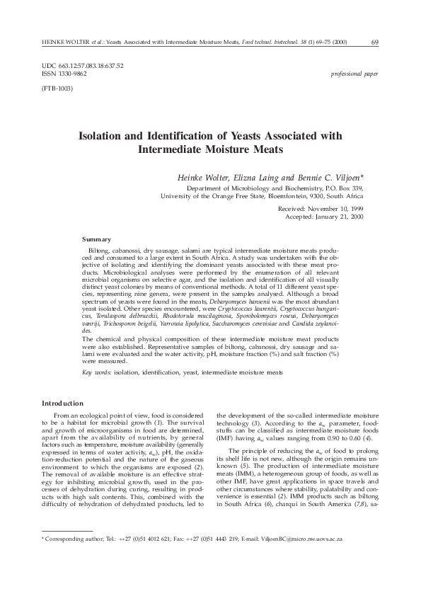 (PDF) Isolation and Identification of Yeasts Associated with Intermediate Moisture Meats