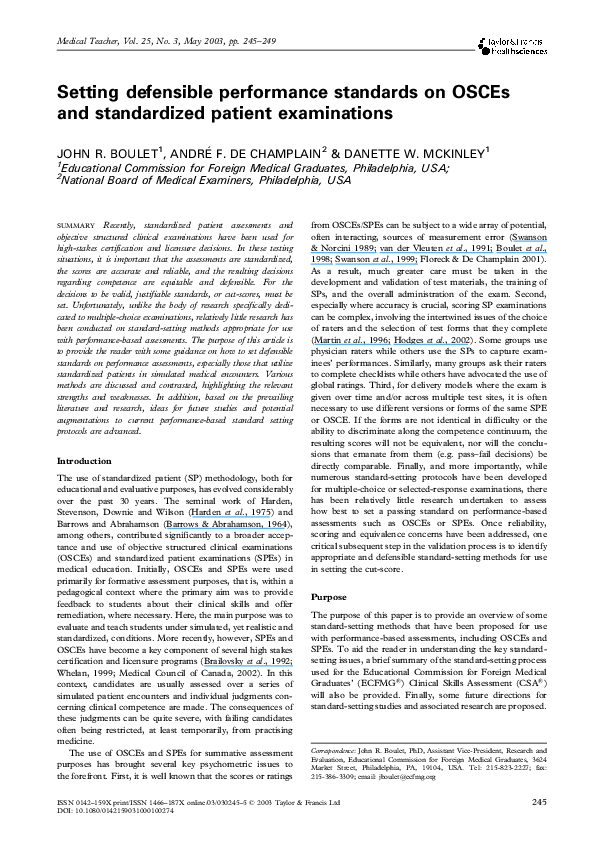 (PDF) Setting defensible performance standards on OSCEs and ...