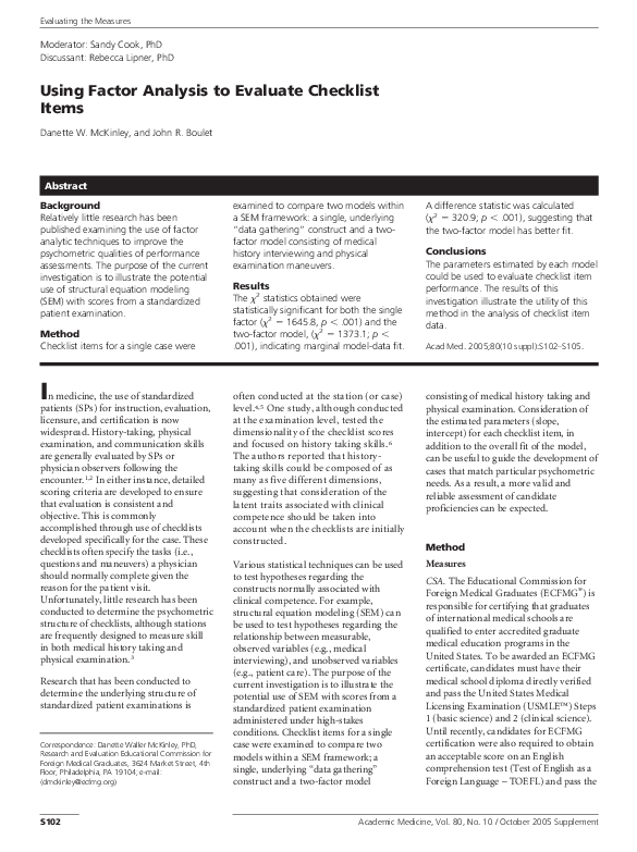 (PDF) Using Factor Analysis to Evaluate Checklist Items