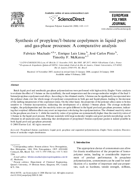 (PDF) Synthesis of propylene/1-butene copolymers in liquid pool and gas ...