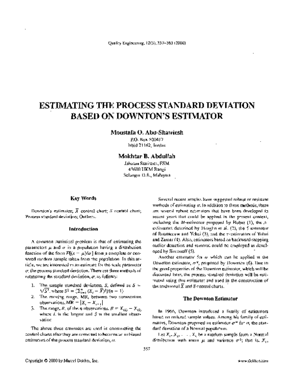 (PDF) ESTIMATING THE PROCESS STANDARD DEVIATION BASED ON DOWNTON'S ESTIMATOR