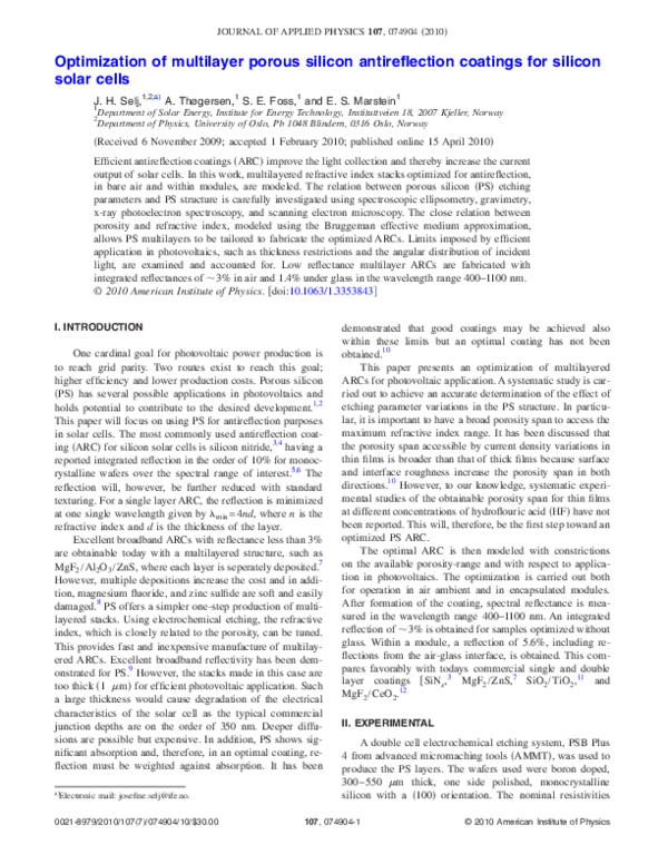(PDF) Optimization of multilayer porous silicon antireflection coatings for silicon solar cells