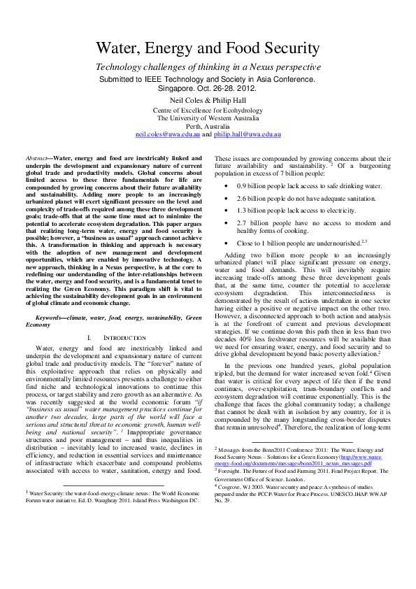 (PDF) Water, energy and food security