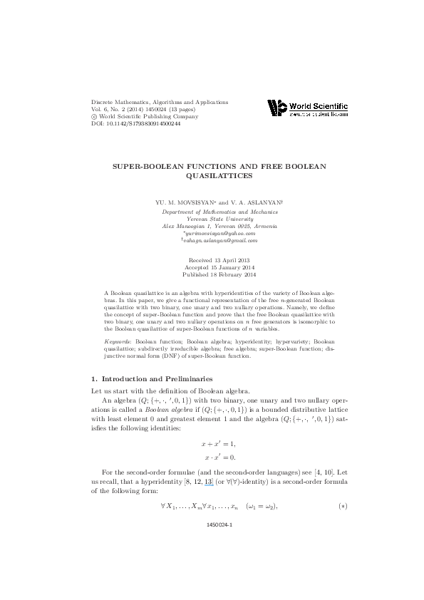 (PDF) SUPER-BOOLEAN FUNCTIONS AND FREE BOOLEAN QUASILATTICES