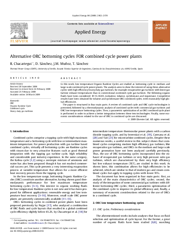 (PDF) Alternative ORC bottoming cycles FOR combined cycle power plants