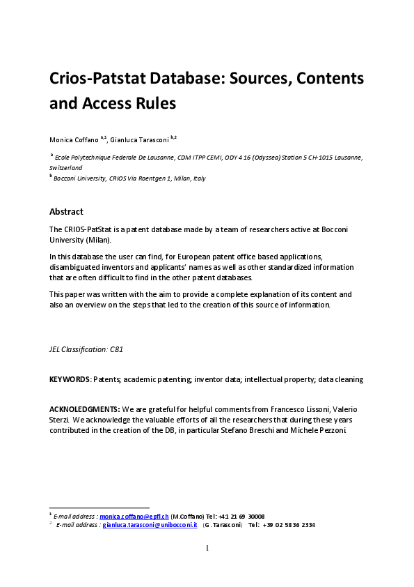 (PDF) CRIOS - Patstat Database: Sources, Contents and Access Rules