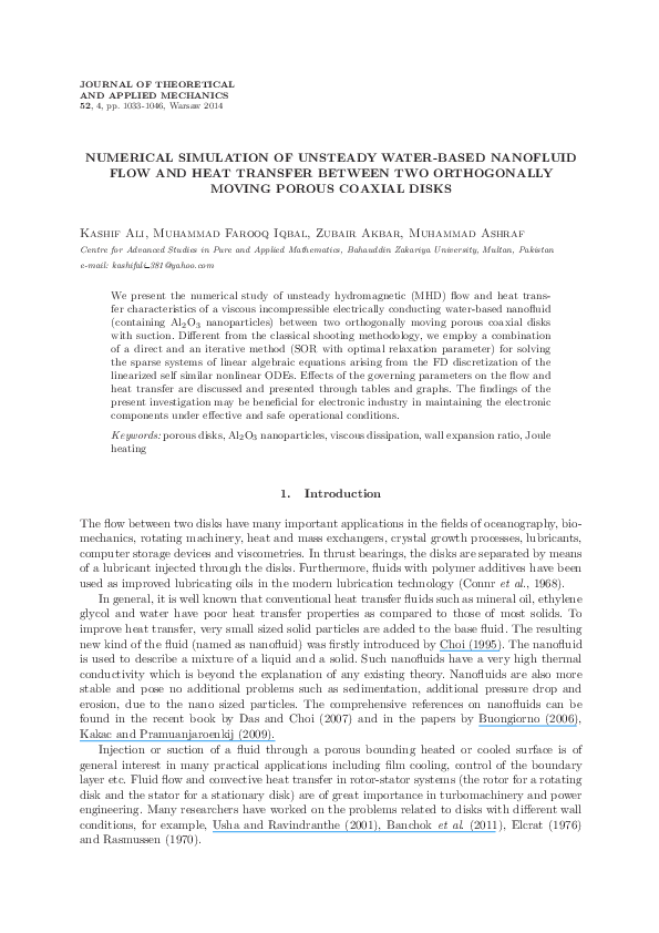 (PDF) Numerical simulation of unsteady water-based nanofluid flow and heat transfer between two ...