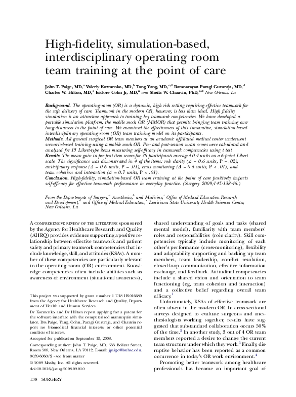 (PDF) High-fidelity, simulation-based, interdisciplinary operating room team training at the ...