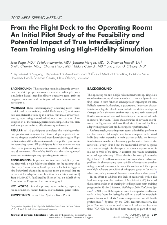 (PDF) From the Flight Deck to the Operating Room: An Initial Pilot Study of the Feasibility and ...