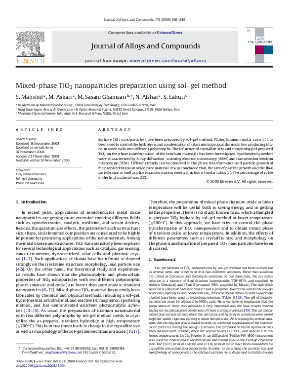 (PDF) Mixed-phase TiO2 nanoparticles preparation using sol–gel method