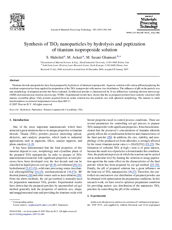 (PDF) Synthesis of TiO2 nanoparticles by hydrolysis and peptization of ...
