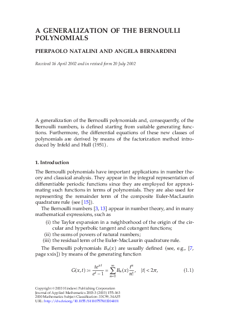 Pdf A Generalization Of The Bernoulli Polynomials