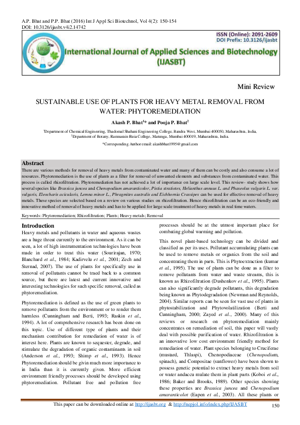 (PDF) SUSTAINABLE USE OF PLANTS FOR HEAVY METAL REMOVAL FROM WATER ...