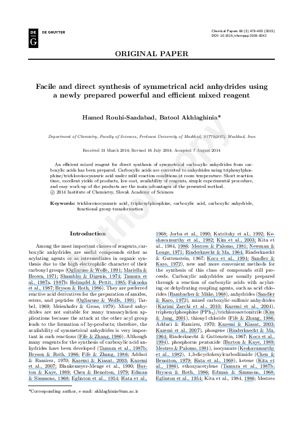(PDF) Facile and Direct Synthesis of symmetrical acid Anhydrides Using ...