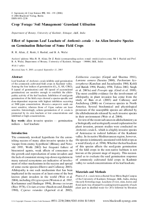Pdf Effect Of Aqueous Leaf Leachate Of Anthemis Cotula An Alien