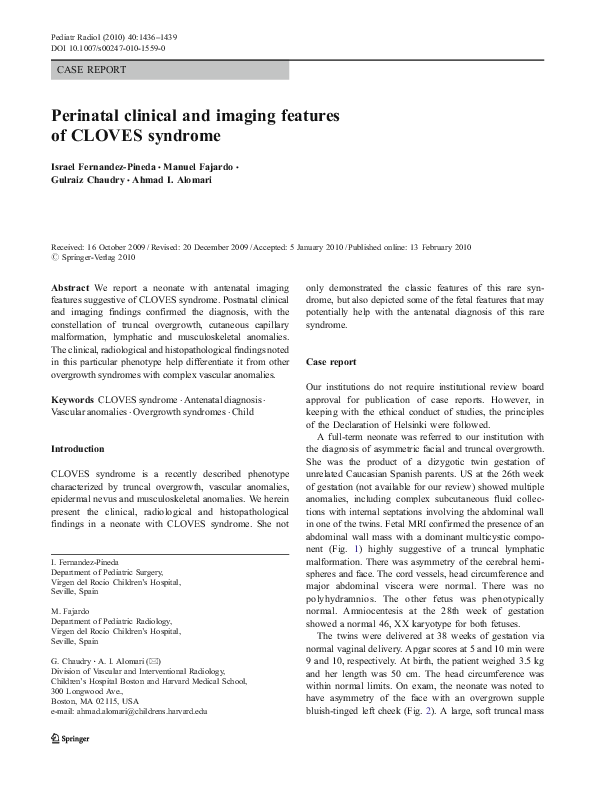 (PDF) Perinatal clinical and imaging features of CLOVES syndrome