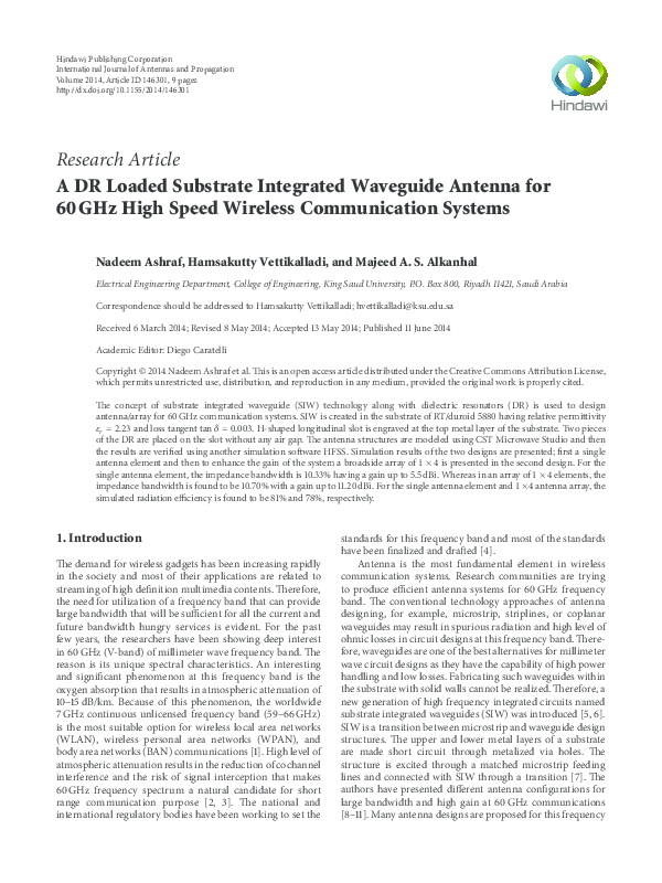 (PDF) A DR Loaded Substrate Integrated Waveguide Antenna for 60 GHz High Speed Wireless ...