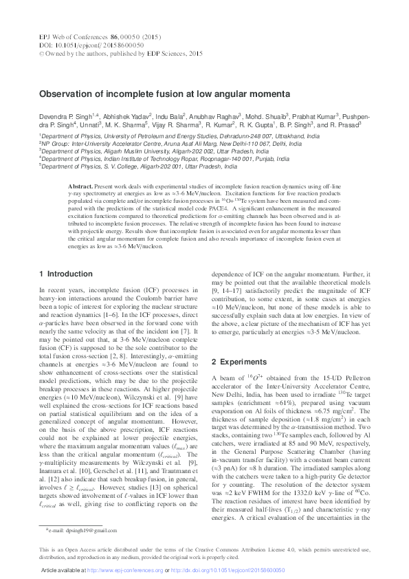 Pdf Observation Of Incomplete Fusion At Low Angular Momenta 