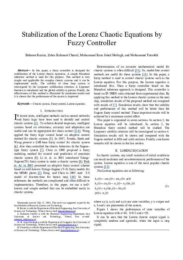 (PDF) Stabilization of the Lorenz chaotic equations by fuzzy controller