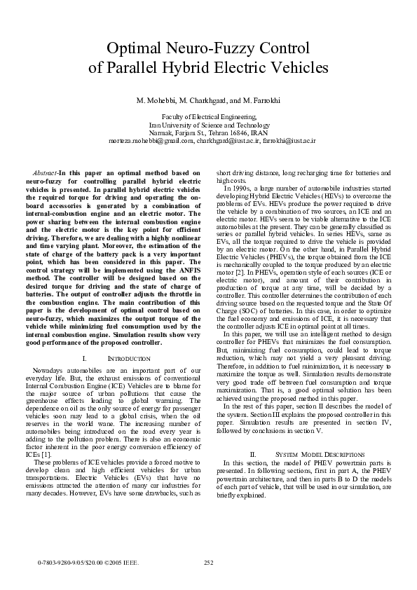(PDF) Optimal Neuro-Fuzzy Control of Parallel Hybrid Electric Vehicles