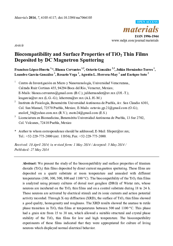 (PDF) Biocompatibility and Surface Properties of TiO2 Thin Films ...