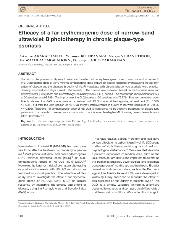 (PDF) Efficacy of a far erythemogenic dose of narrow-band ultraviolet B ...