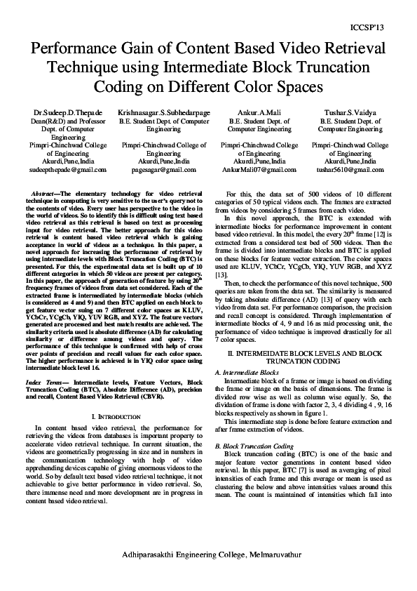 (PDF) Performance Gain of Content Based Video Retrieval Technique using Intermediate Block ...