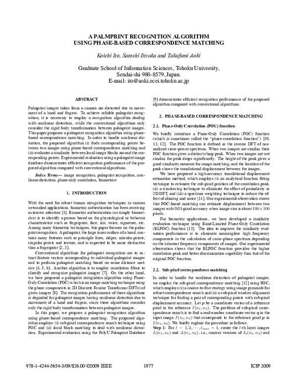 Pdf A Palmprint Recognition Algorithm Using Phase Based Image Matching Koji Kobayashi