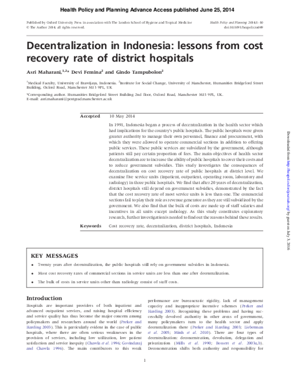 (PDF) Decentralization in Indonesia: lessons from cost recovery rate of ...