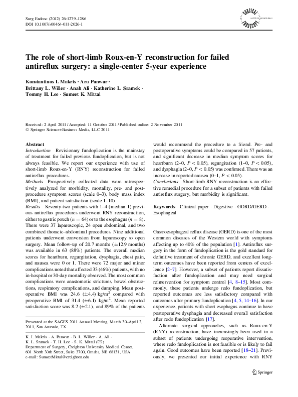 (PDF) The role of short-limb Roux-en-Y reconstruction for failed ...