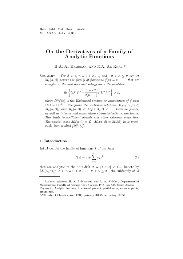 (PDF) On the derivatives of a family of analytic functions