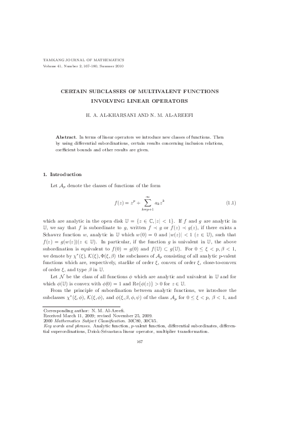 Pdf Certain Subclasses Of Multivalent Functions Involving Linear Operators Huda Al Kharsani