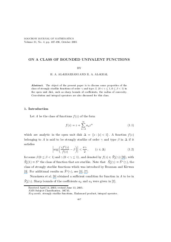 Pdf On A Class Of Bounded Univalent Functions
