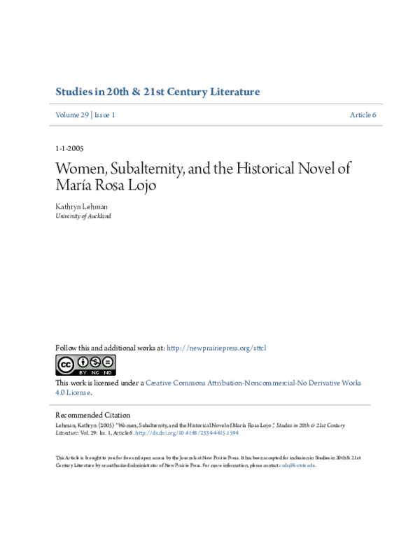 (PDF) Women, Subalternity, and the Historical Novel of María Rosa Lojo
