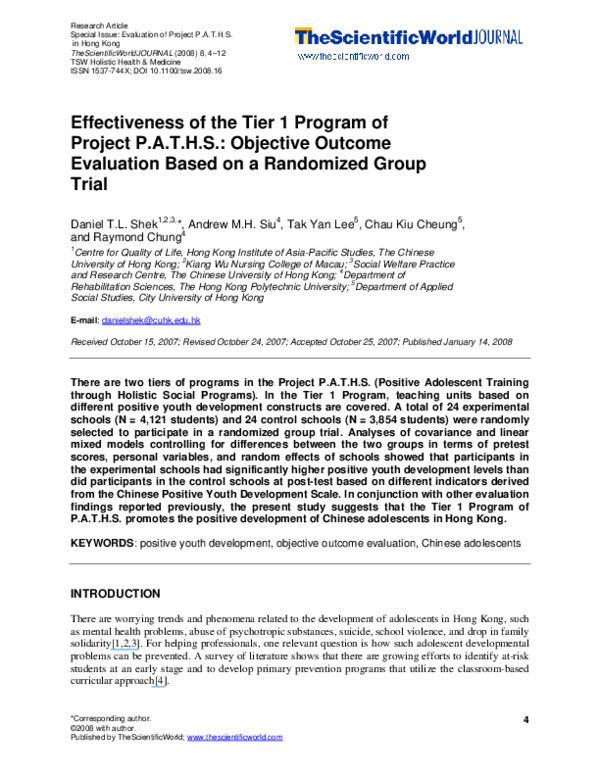 (PDF) Effectiveness of the Tier 1 Program of Project PATHS: objective ...