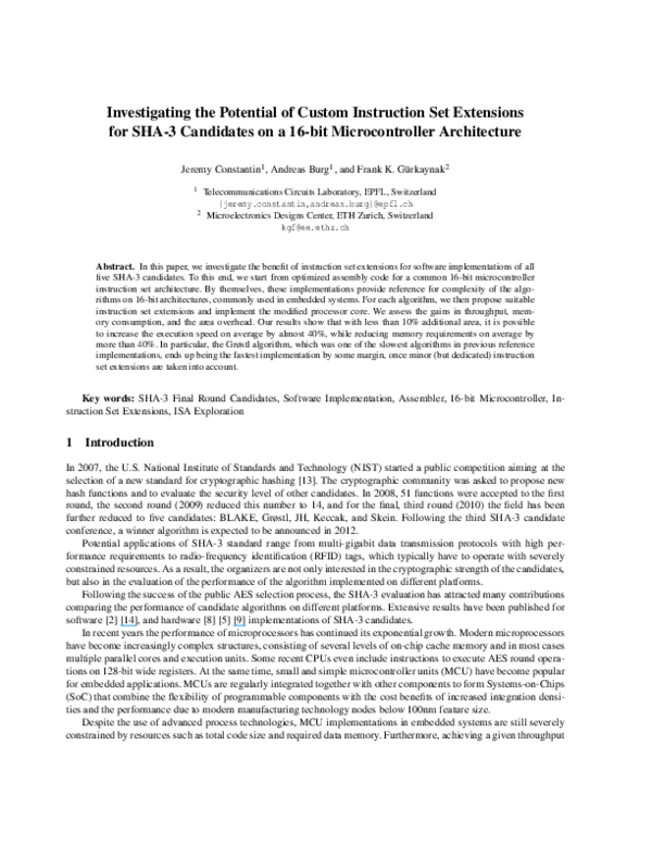 Pdf Investigating The Potential Of Custom Instruction Set Extensions For Sha 3 Candidates On A