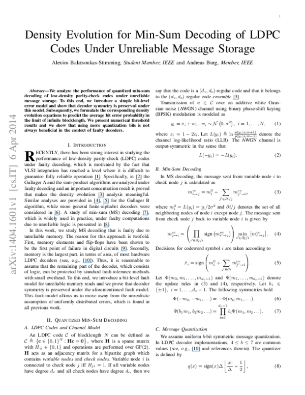 (PDF) Density Evolution for Min-Sum Decoding of LDPC Codes Under Unreliable Message Storage